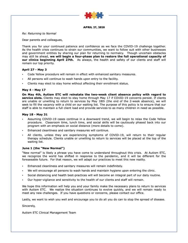 Returning To Normal Letter | Autism ETC