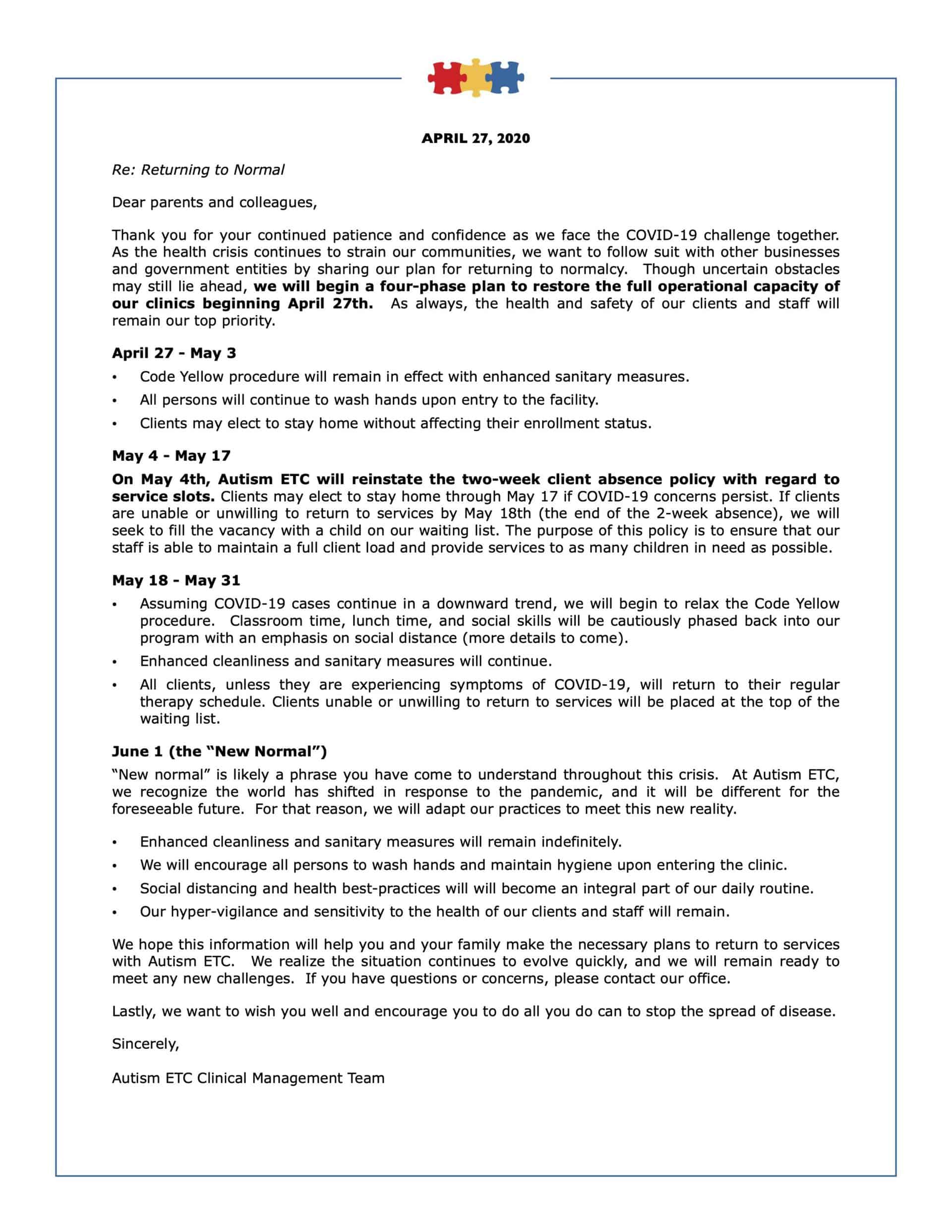 Returning To Normal Letter | Autism ETC